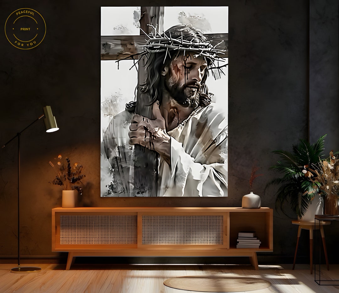 Abstract Christian Art Modern, Large Religious Wall Art Framed, Jesus Painting Canvas, Abstract ...