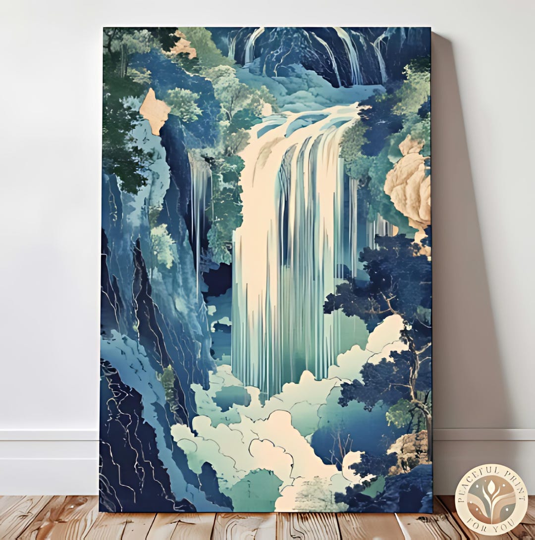 Hokusai Ukiyo-e Japanese Waterfall Wall Art Landscape Poster Print Blue ...