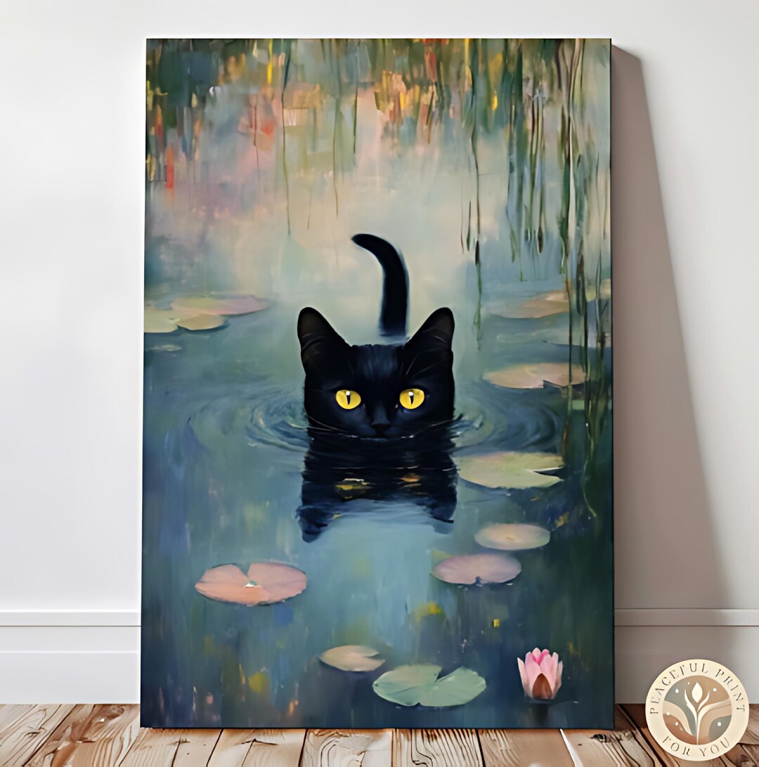 Monet Waterlily Cat Print, Claude Monet Cat Poster, Cat Art, Floral ...