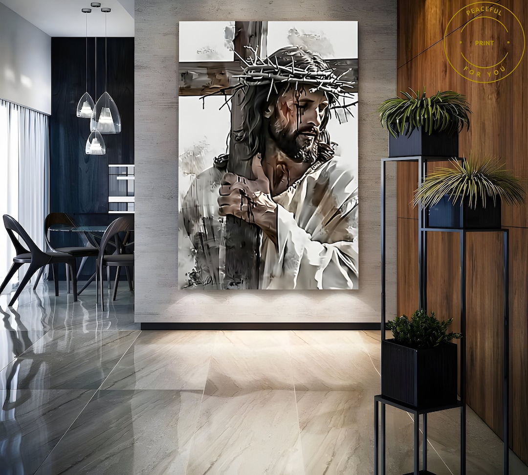Abstract Christian Art Modern, Large Religious Wall Art Framed, Jesus Painting Canvas, Abstract ...