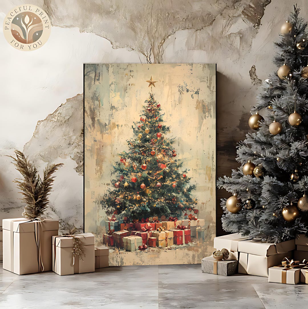Christmas Tree With Gifts Framed Canvas Wall Art Festive Scene Painting ...
