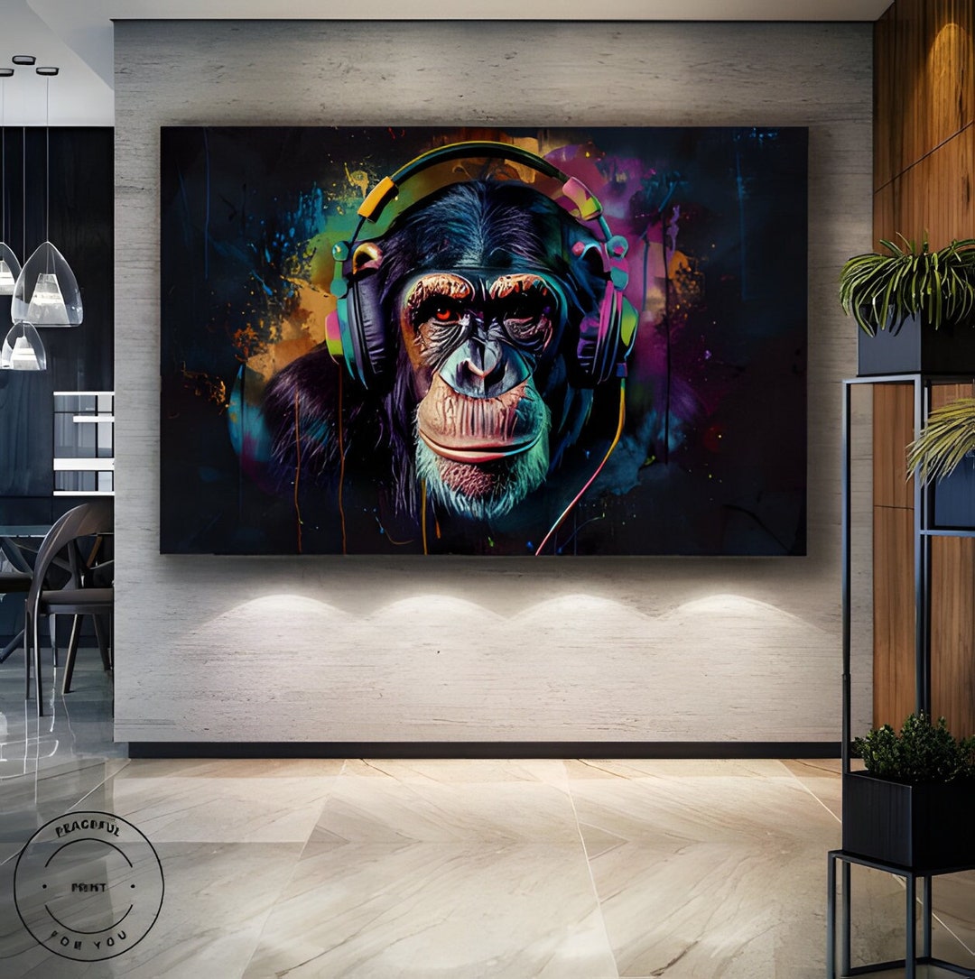 Monkey Headphones Canvas, Pop Art Painting Print, Graffiti Print, Large ...