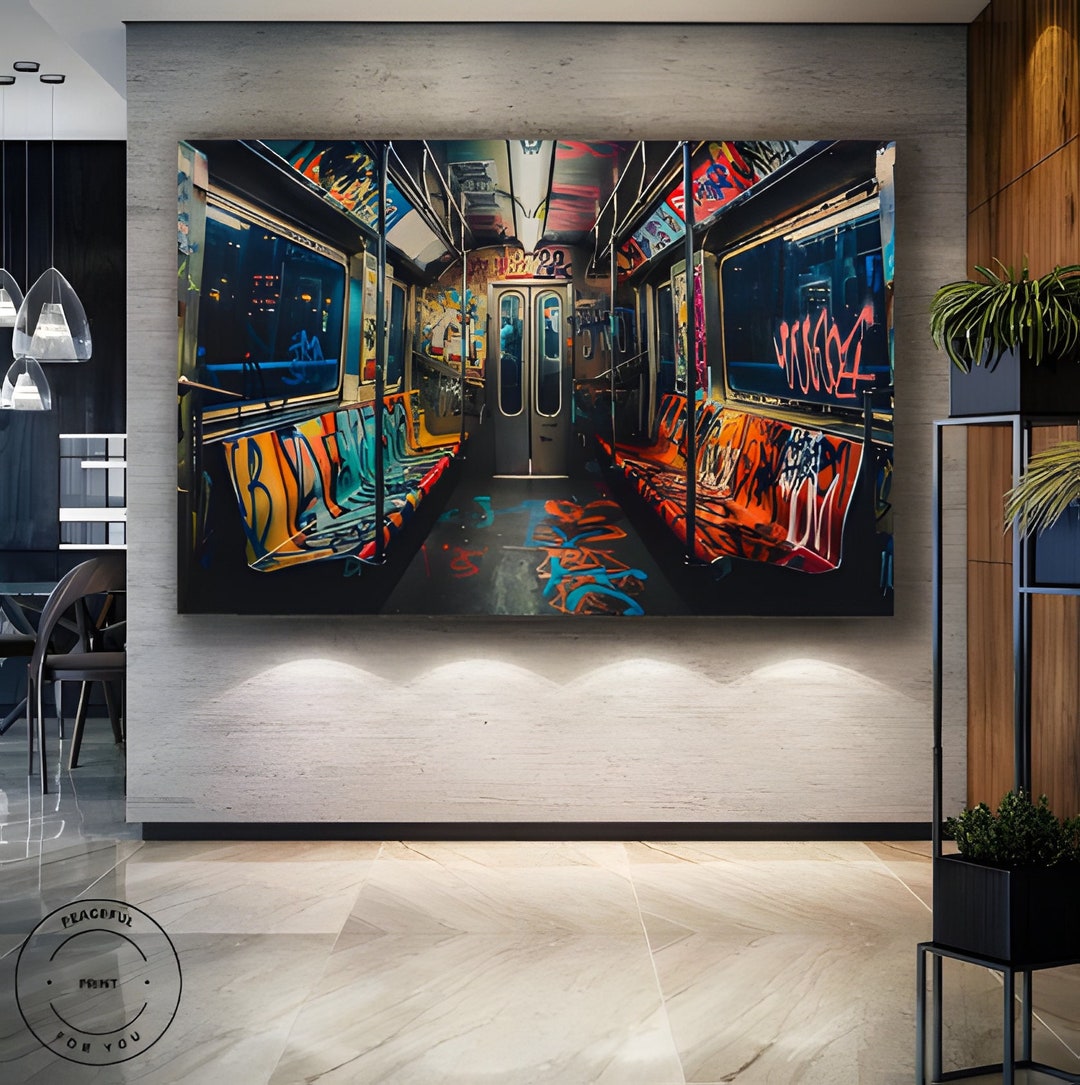 Graffiti Art on A Subway Train, Framed Canvas Print, Urban Decay, NYC ...