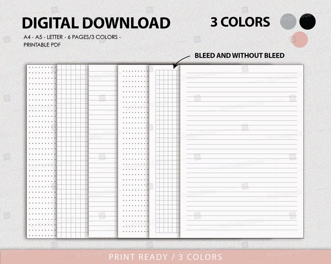 A5 Printable Notes Paper Set: Grid, Dot, Lined Layouts (PDF Digital ...