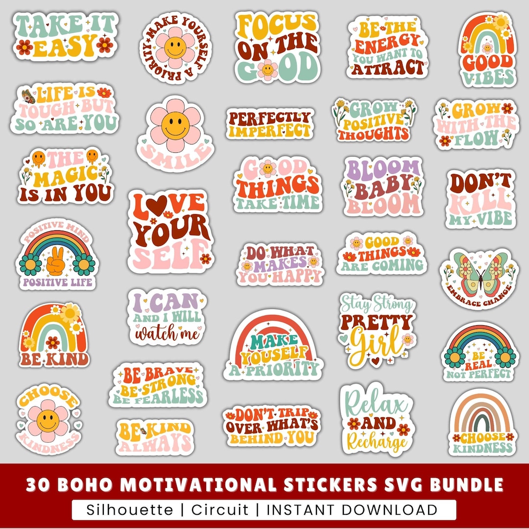 Boho Motivational Stickers: Positive Affirmations SVG PNG Bundle ...