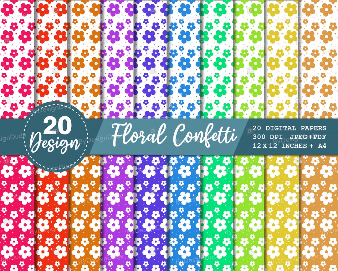 Rainbow Floral Confetti Digital Paper: Party Background (JPG, PDF ...