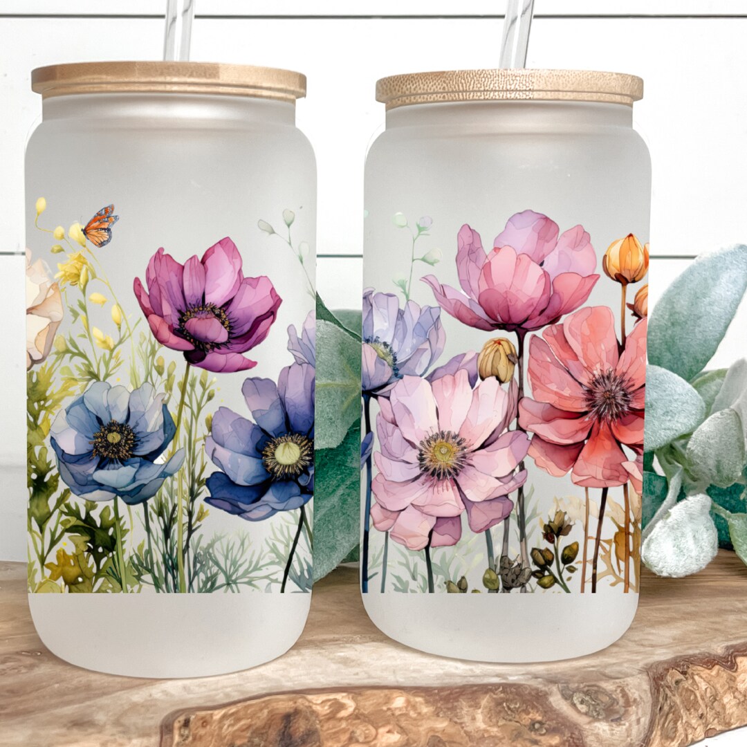 Personalized Boho Flower Glass Cup, Custom Wildflower Iced Coffee Cup ...