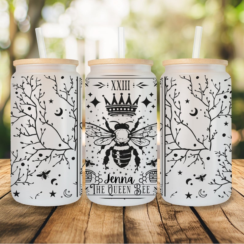 Celestial Tarot Card Iced Coffee Cup, Custom Queen Bee Tarot Tumbler, Custom Celestial Glass Cup ...