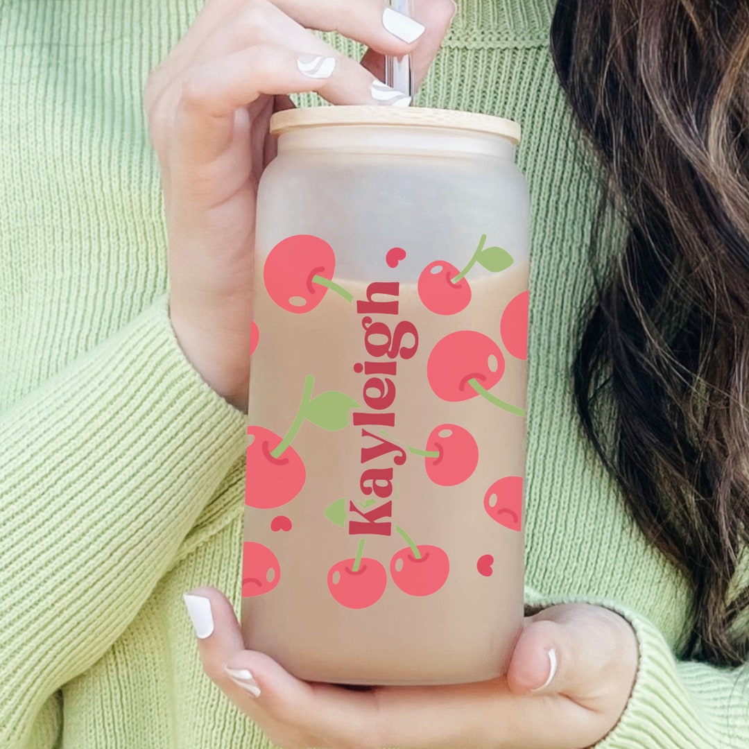 Personalized Cherry Glass Cup, Custom Cherry Iced Coffee Cup, Frosted ...