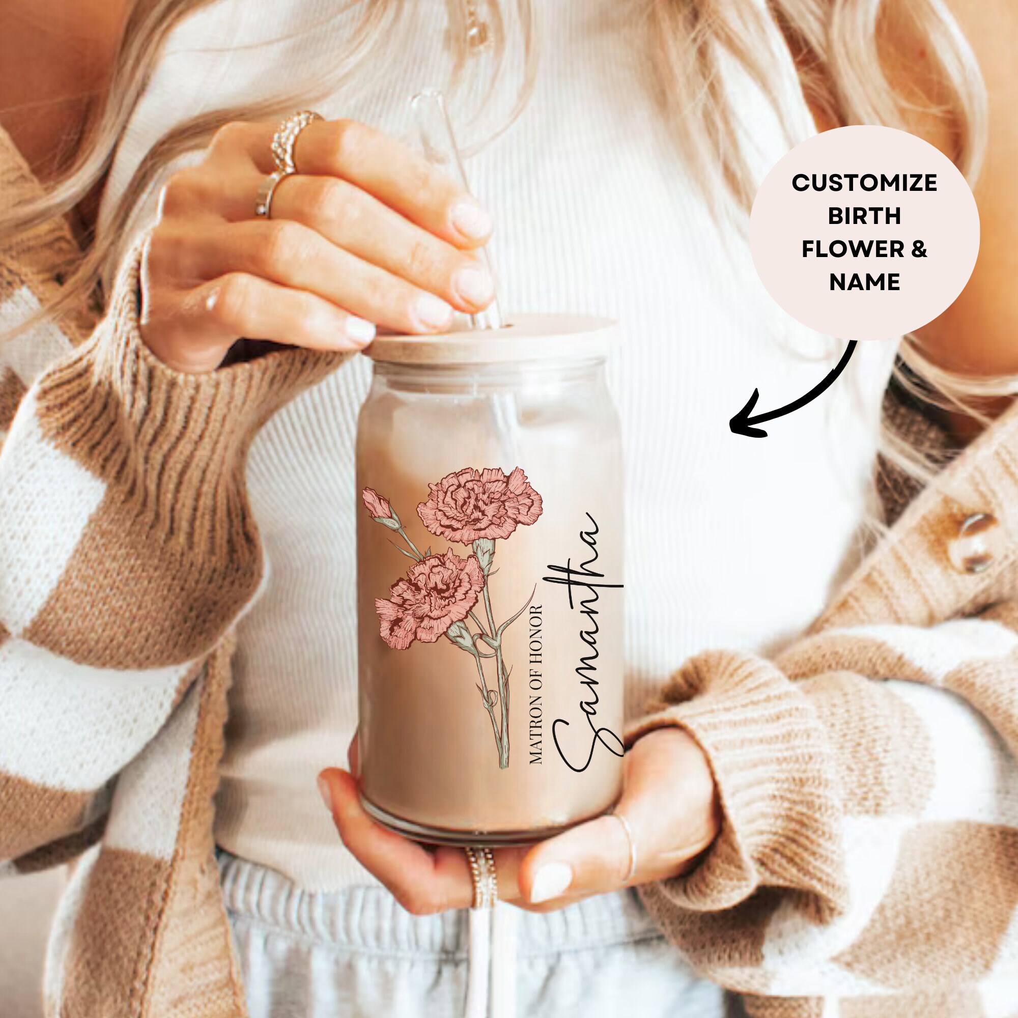 Custom Matron of Honor Birthflower Bridesmaid Proposal Glass Tumbler ...