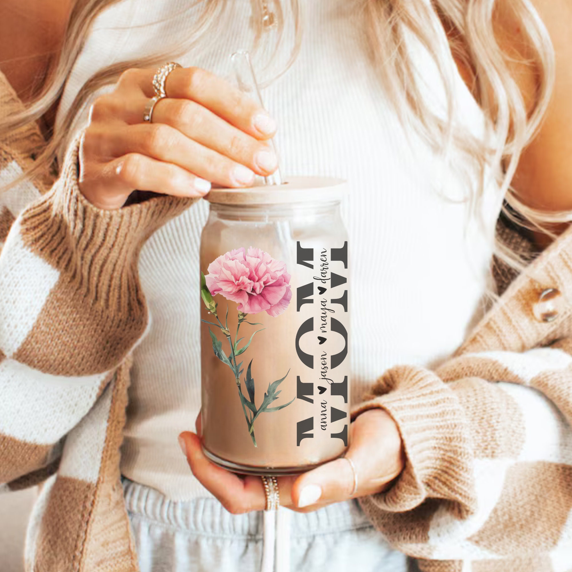 Personalized Mom Birth Month Flower Glass Tumbler, Custom Flowered Cup ...