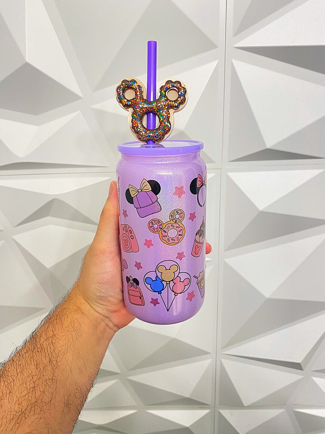 Custom Sublimated Shimmer Glass Can Inspired By Theme Park Snacks Mouse Donut Straw Topper Etsy
