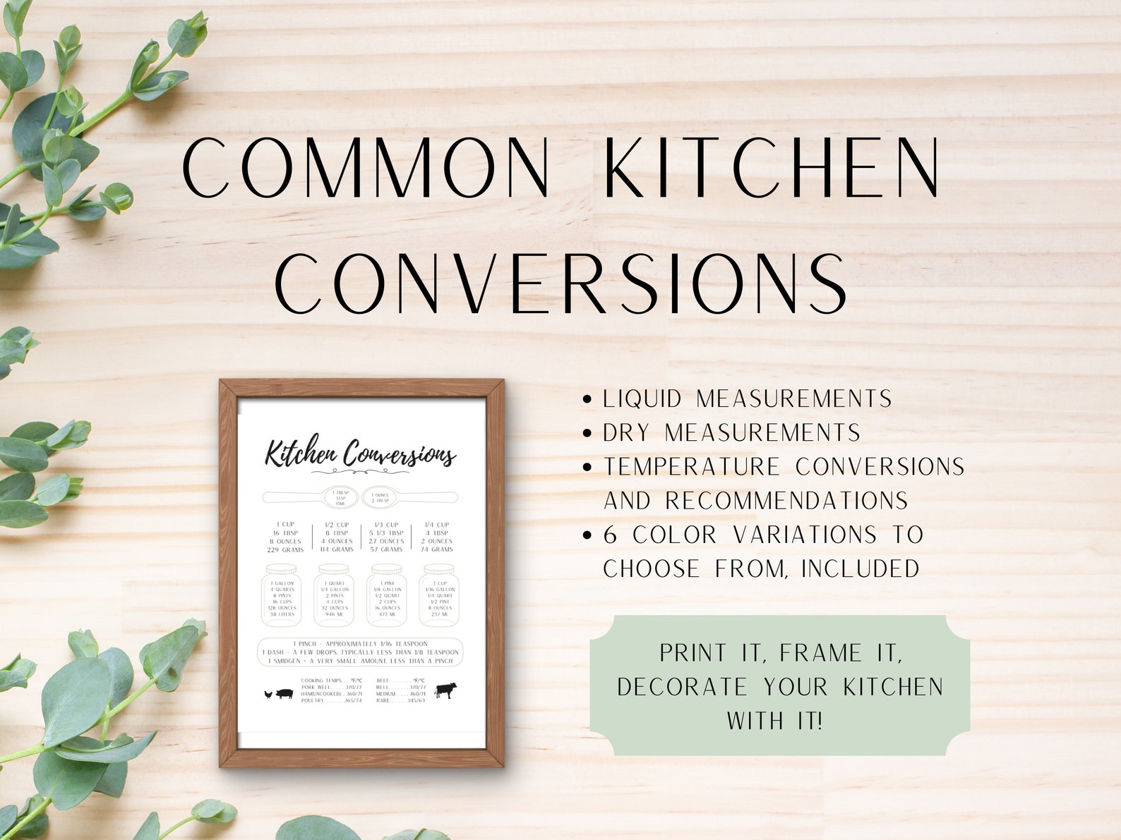 Kitchen Conversions Chart Printable - Etsy