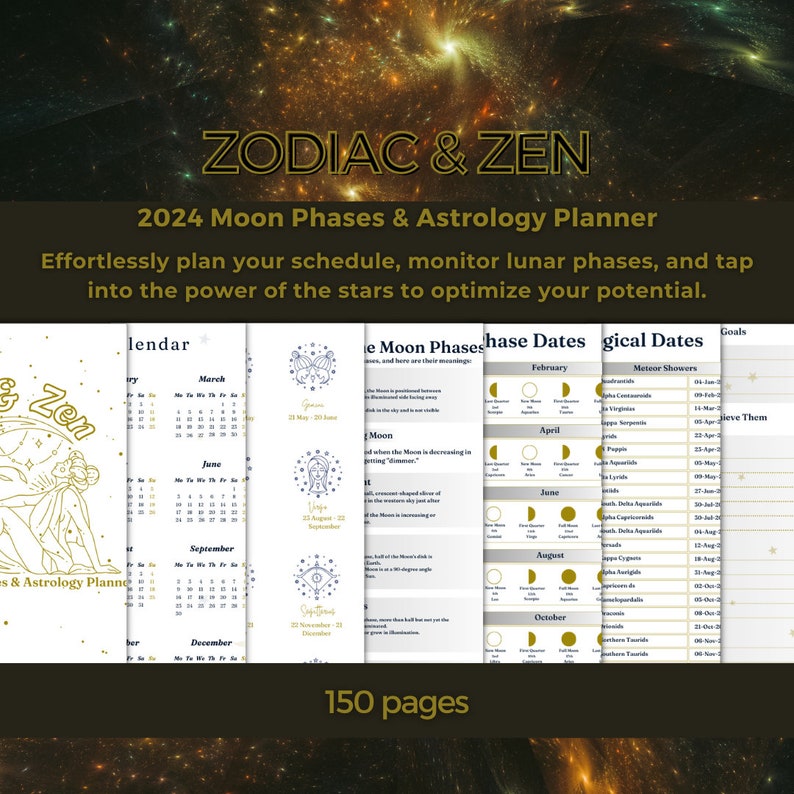 2024 Moon Phases and Astrology Planner, Digital Moon Planners, Lunar Calendar Journal, Cosmic ...
