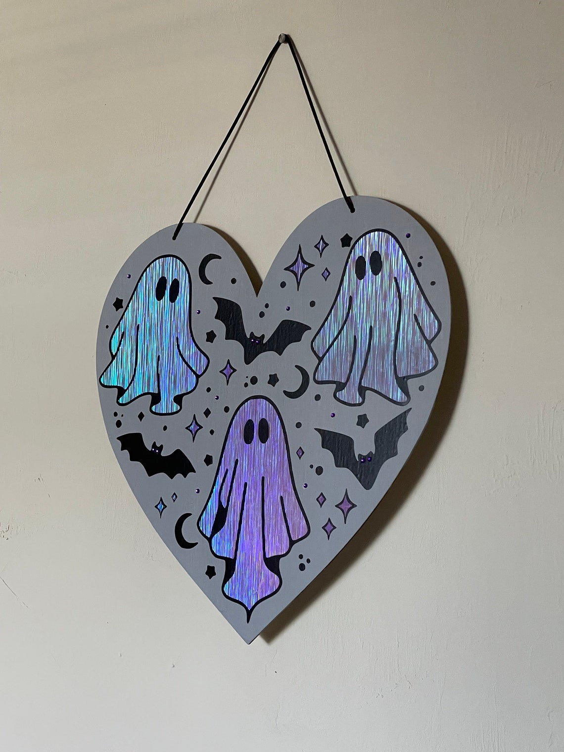 Holographic Ghost Heart Wood Sign Halloween Wood Sign Decoration Holographic Halloween ...