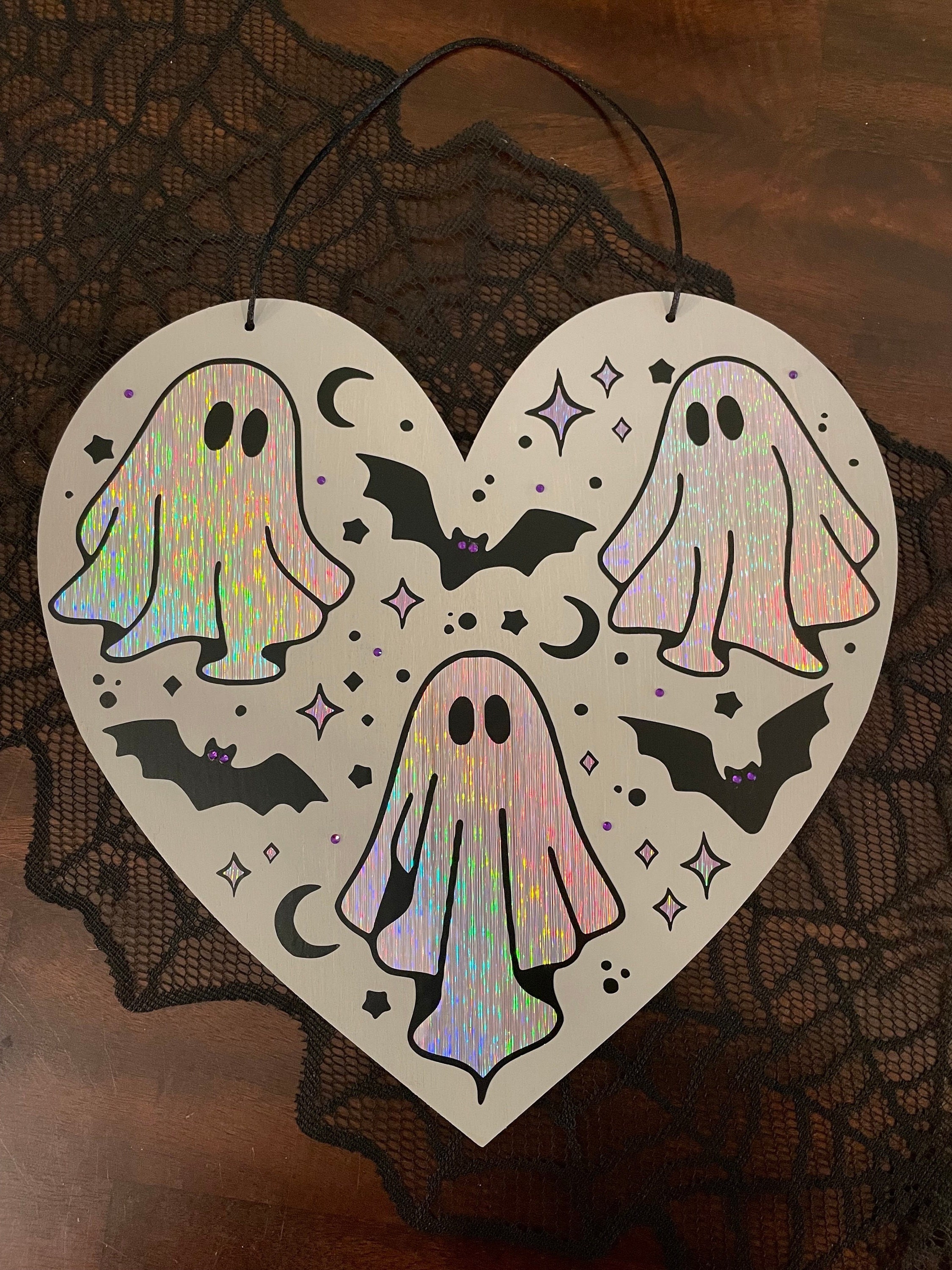 Holographic Ghost Heart Wood Sign Halloween Wood Sign Decoration ...