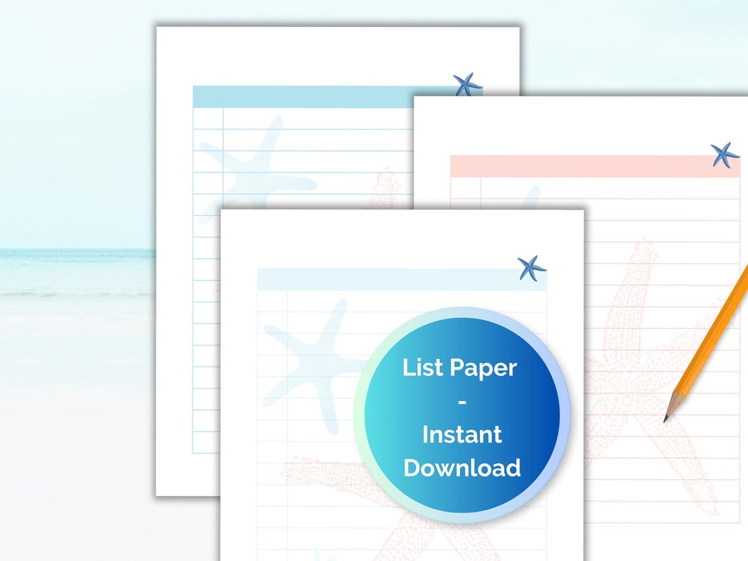 Starfish List Paper, Printable Lined Stationary, 8.5x11, Coastal Note ...