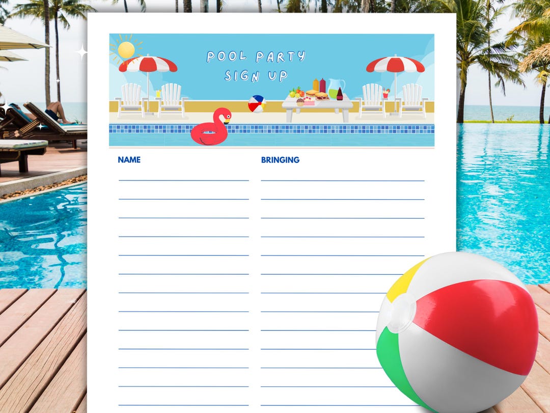 Pool Party Sign up Sheet: Printable Party Planner (8.5x11 PDF Digital ...