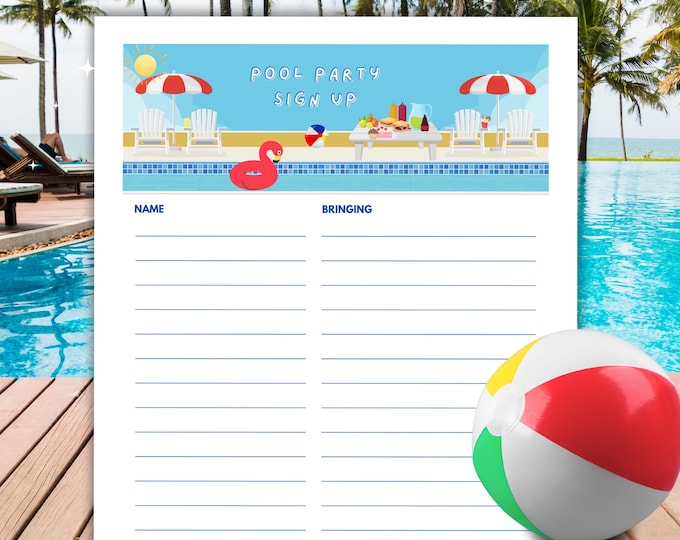 Pool Party Sign up Sheet | Summer Party Sheet | Printable Pool Party up ...