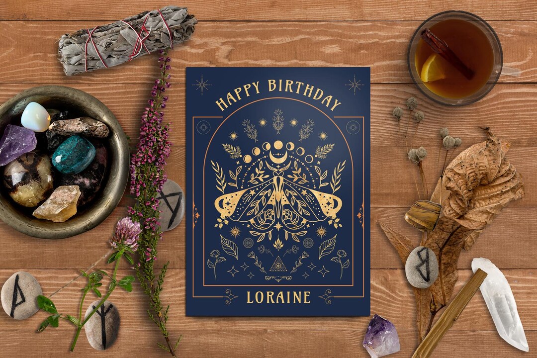 Celestial Moth Personalised Birthday Card, Custom Name Bday, Witchy Spiritual Moon Phase ...