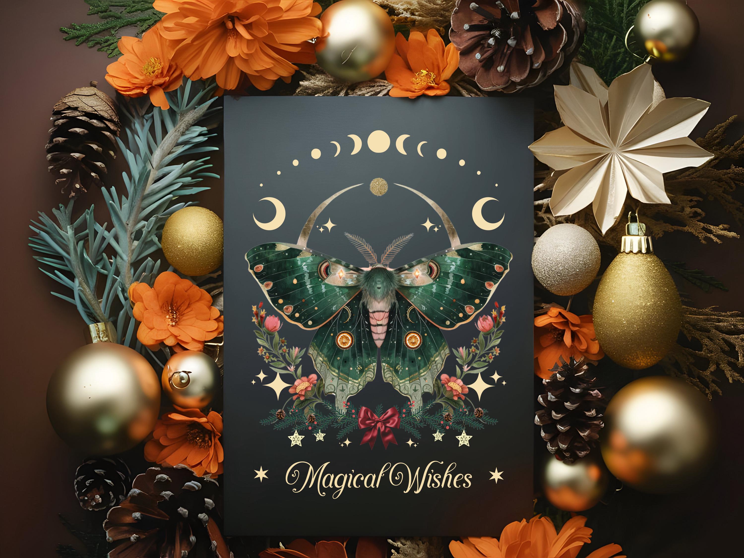 Celestial Moth Witchy Christmas Cards, Moon Phase Greeting Card Pack of ...