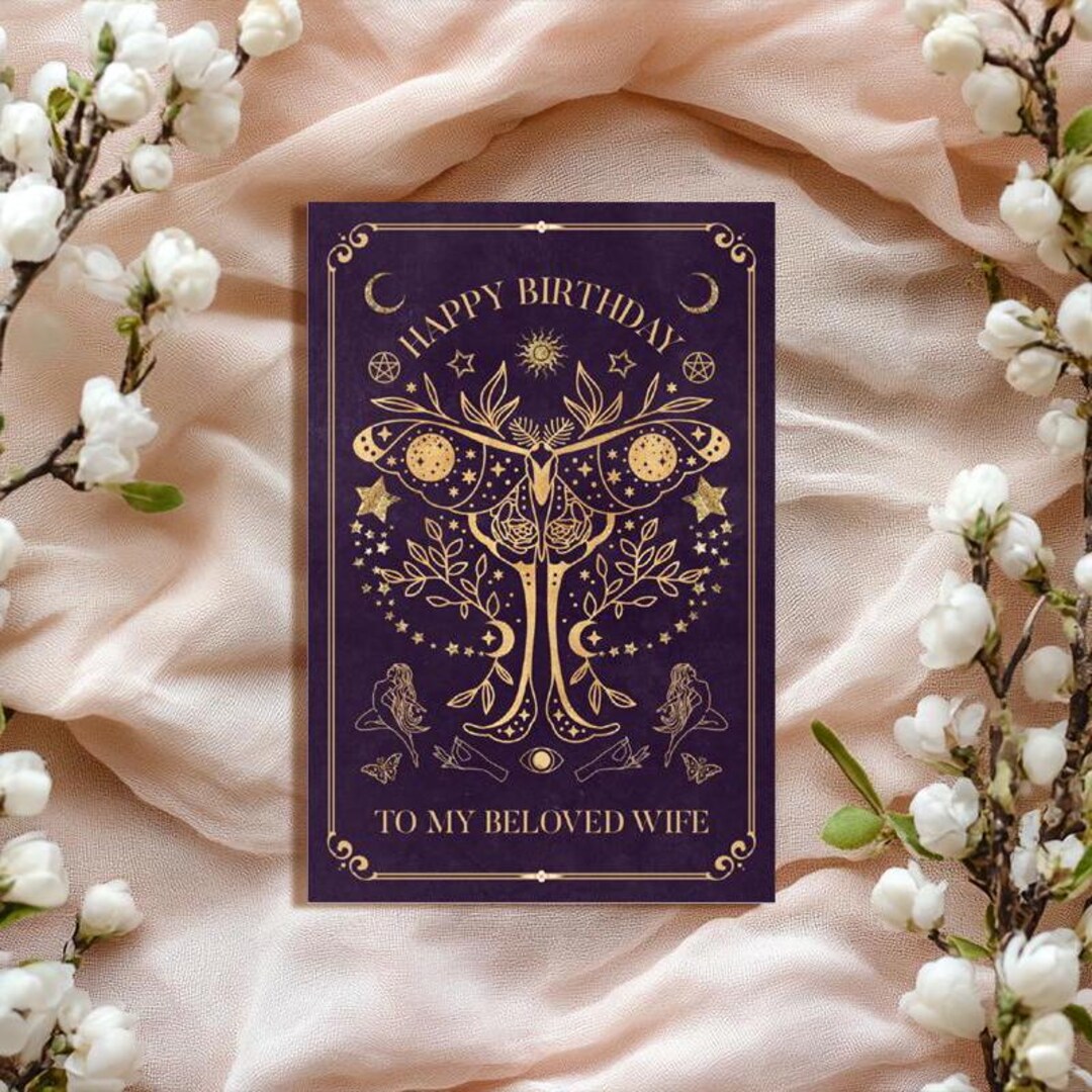 Personalised Wiccan Birthday Card, Magic Golden Moth, Custom Name Small Postcard, Astrologic ...