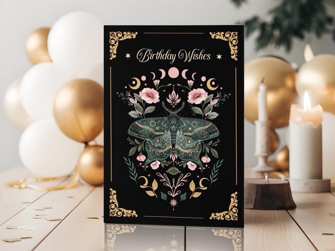 Magic Moth Birthday Card, Celestial Greeting Card, Witchy Style Moon Child Gift, Esoteric Large ...