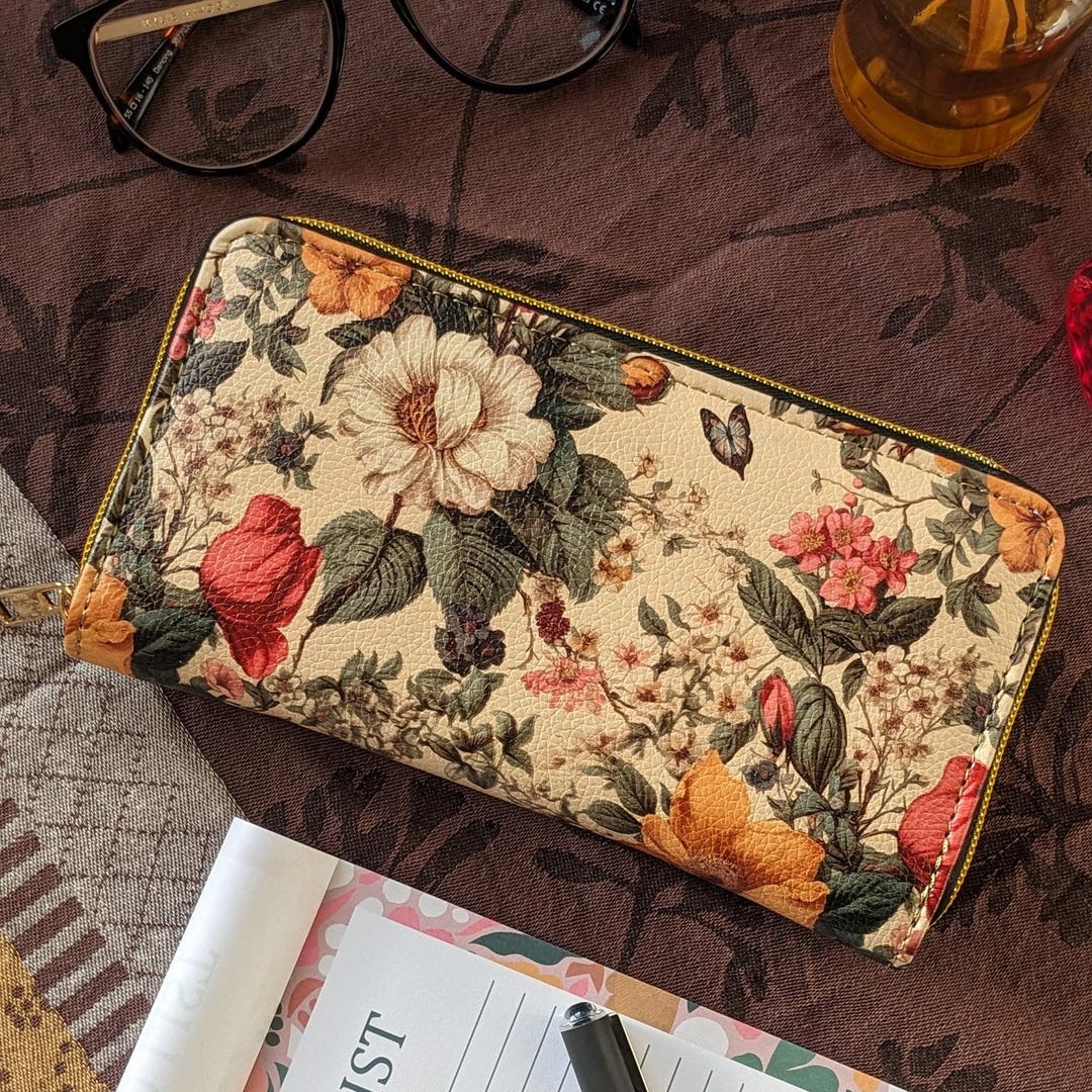 Purse Vintage Flower Wallet for Women Printed Faux Cottagecore Zipper ...