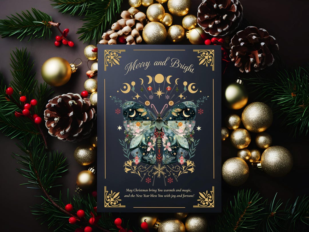 Esoteric Moth Christmas Card, Celestial Moon Phase Greeting Card ...