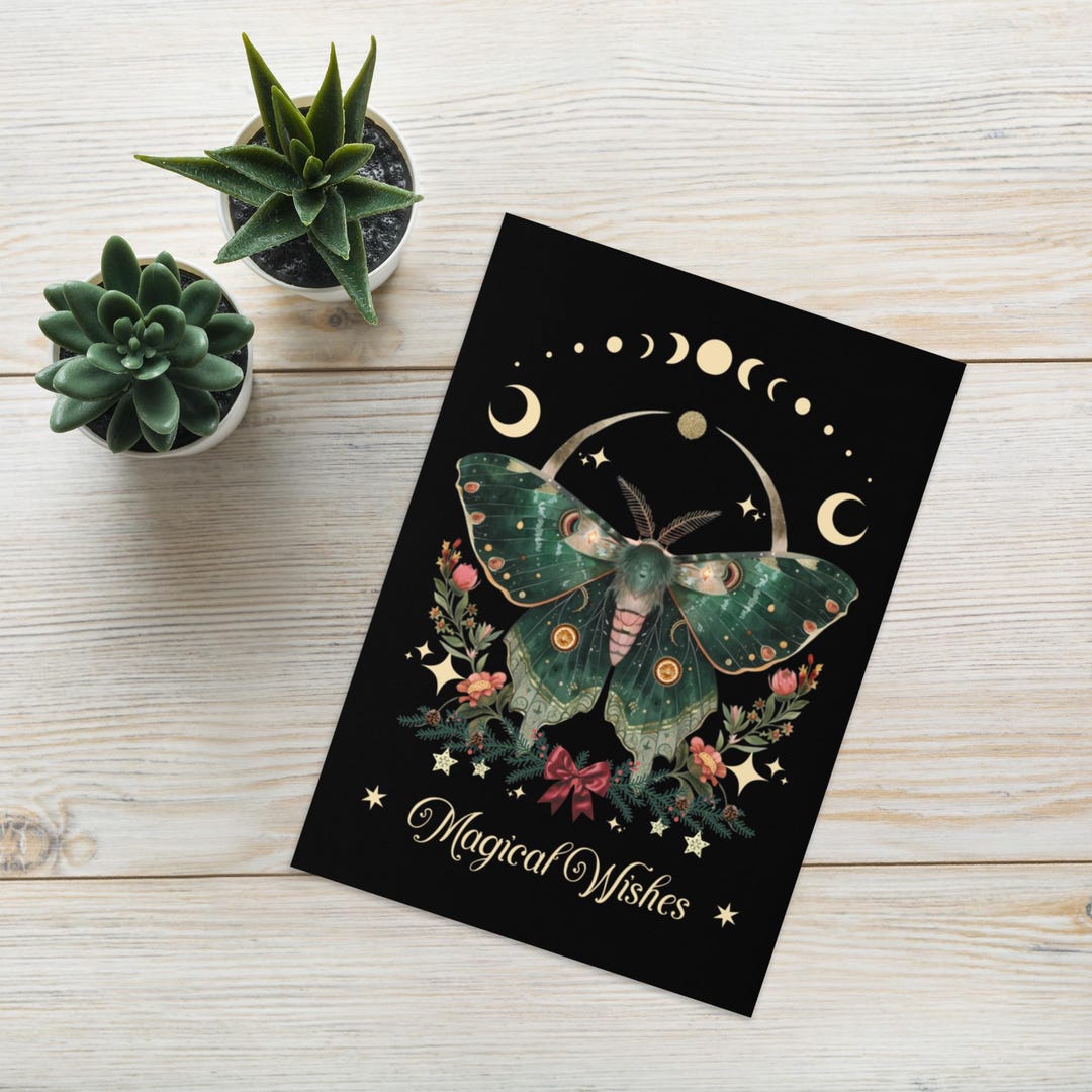 Luna Holiday Wiccan Card, Esoteric Moth Christmas, Celestial Moon Phase ...