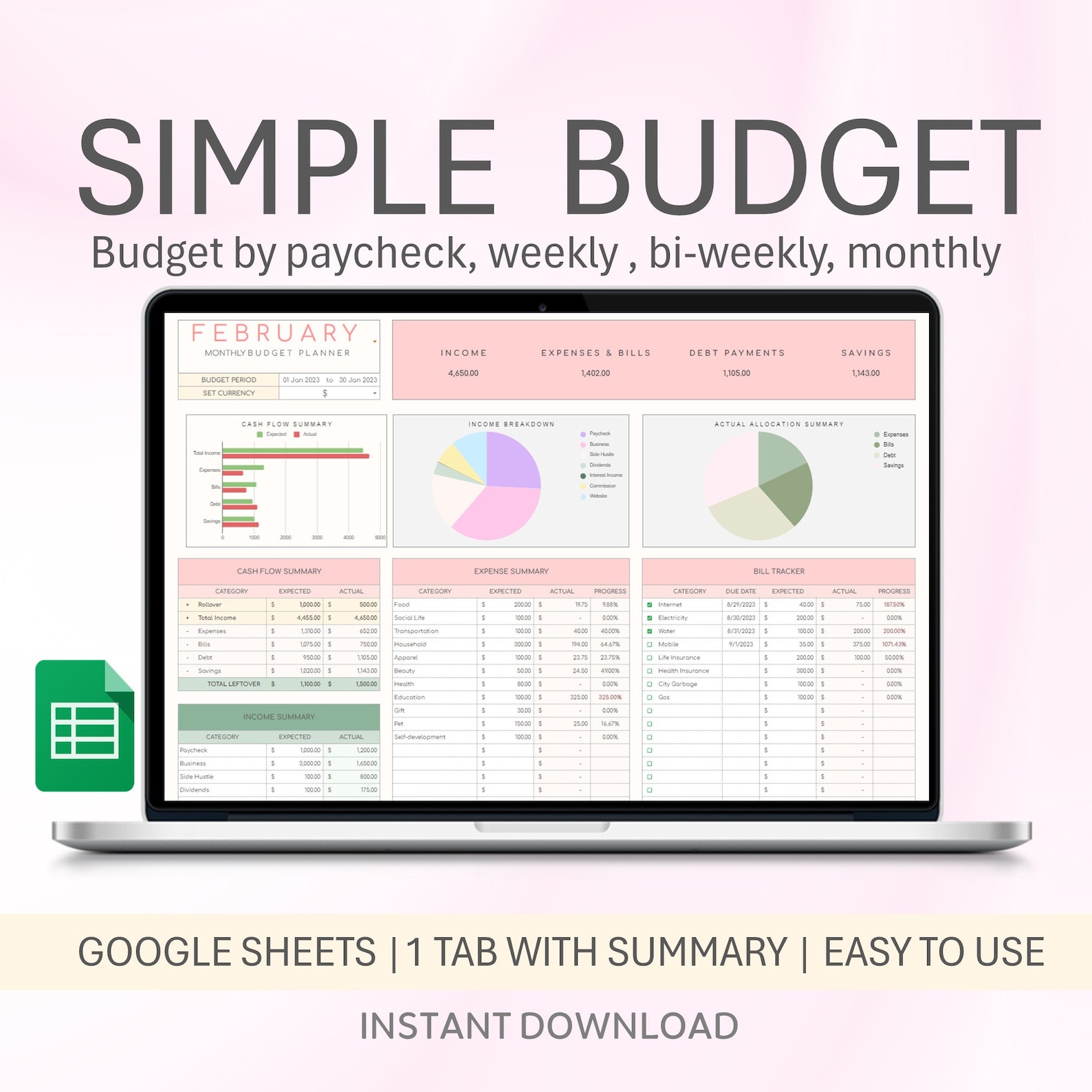 Budget Planner for Google Sheets | Monthly Budget Spreadsheet |paycheck ...