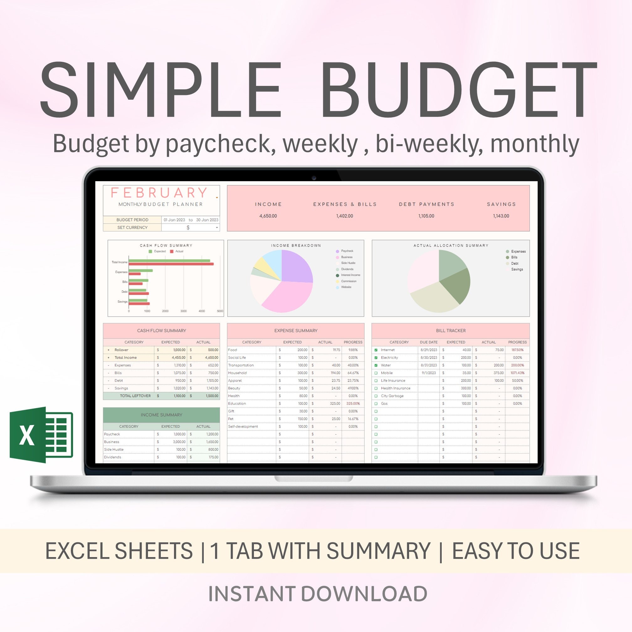 Simple Budget Planner for Excel Sheets | Monthly Budget Spreadsheet ...