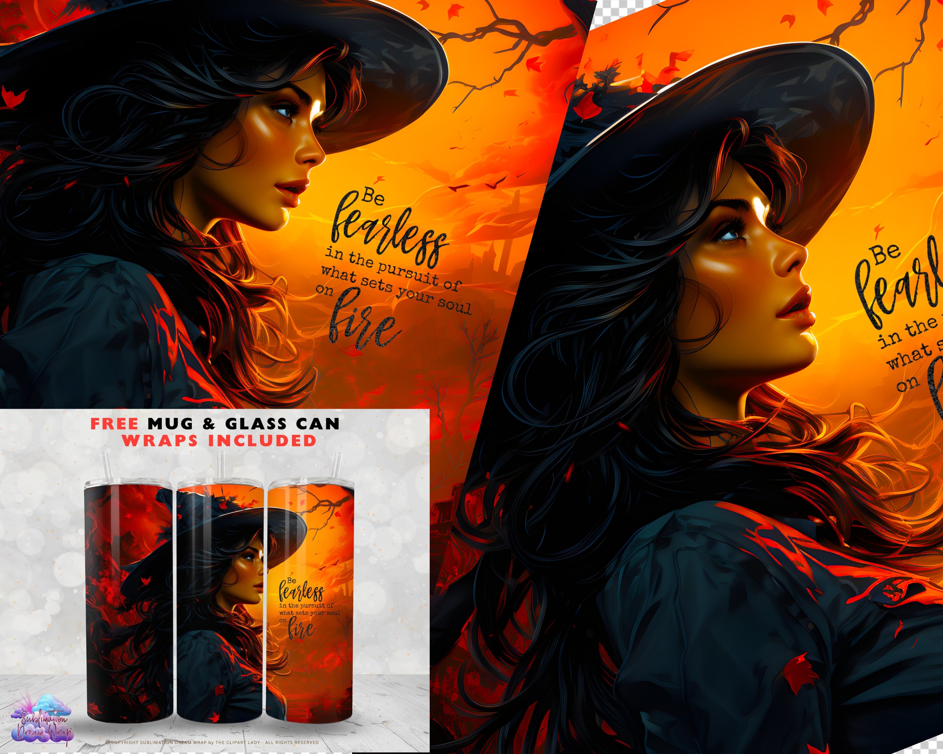 Fearless Soul Fire Witch, 20oz Skinny Tumbler Wrap Sublimation, FREE ...