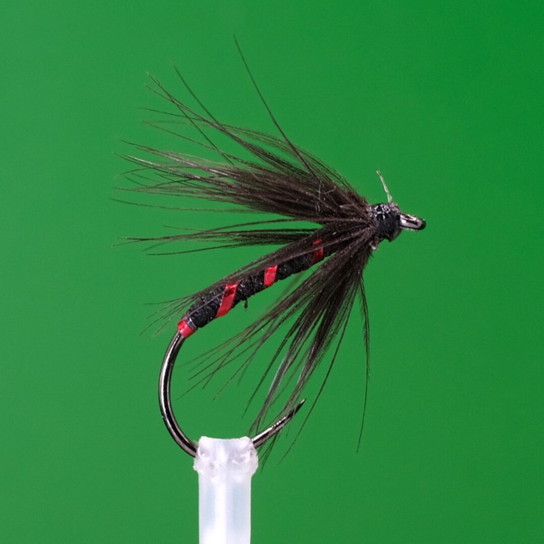 Red Holographic Rib Black Spider Size 14BL Barbless Fly Fishing Wet ...