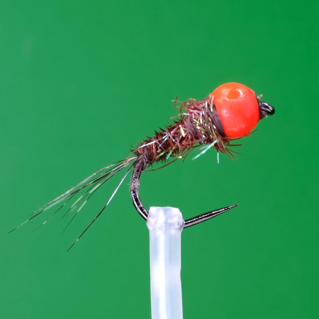 Hot Head Orange Bead Pheasant Tail Brown Nymph Size 14BL Barbless Trout ...