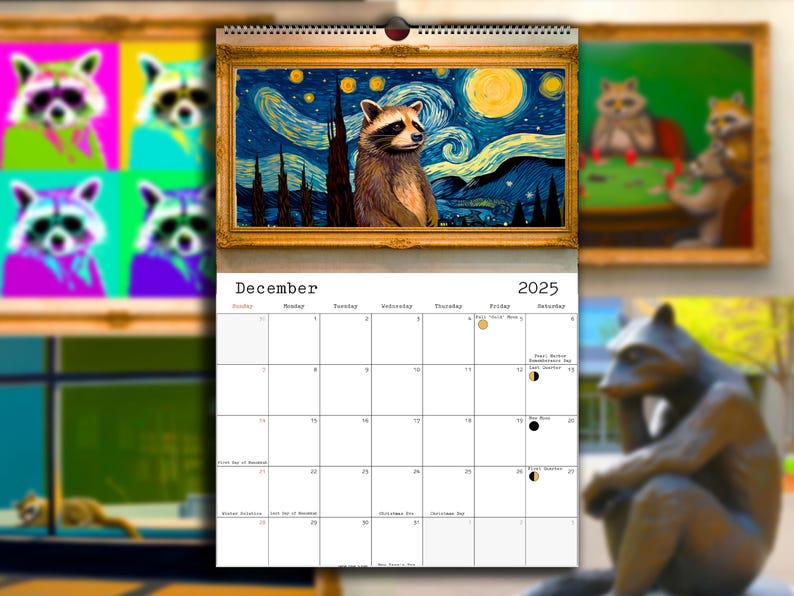 Raccoons in Art - Funny 2025 Wall Calendar - White Mode Pages - Etsy