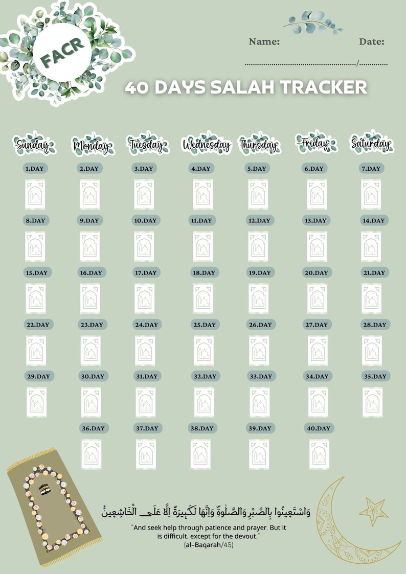 40 Days Salah Tracker Digital Muslim Prayer Tracker - Etsy