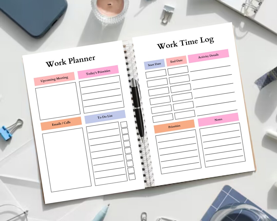 Work Planner, Digital Planner, Work Day Organizer, Work Time Log, Daily ...