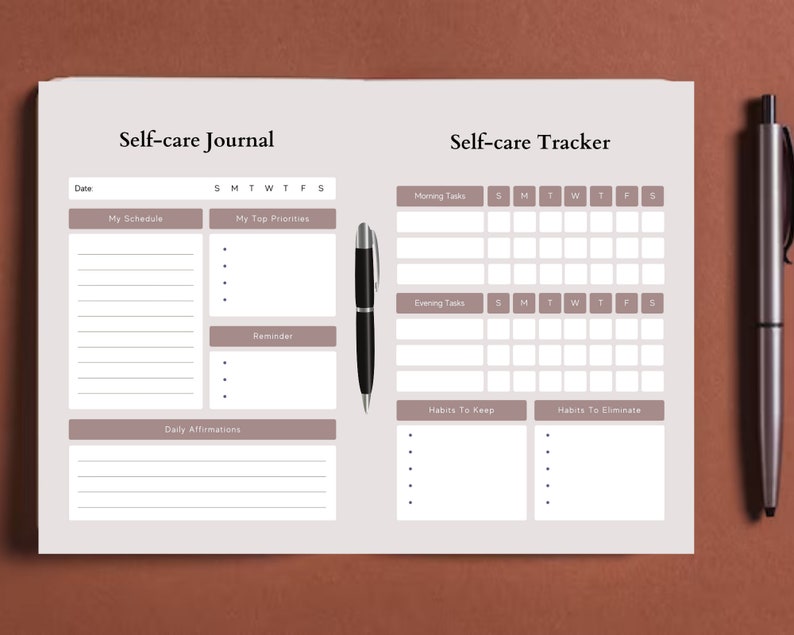 Self Care Journal Printable Wellness Planner Mood Habit Tracker ...