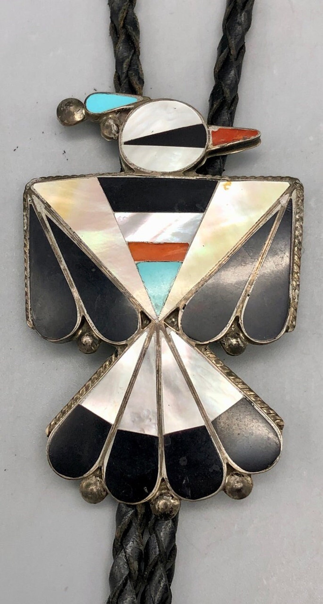 Vintage Zuni Thunderbird Bolo Tie, Shell Turquoise Onyx Coral by Delger ...