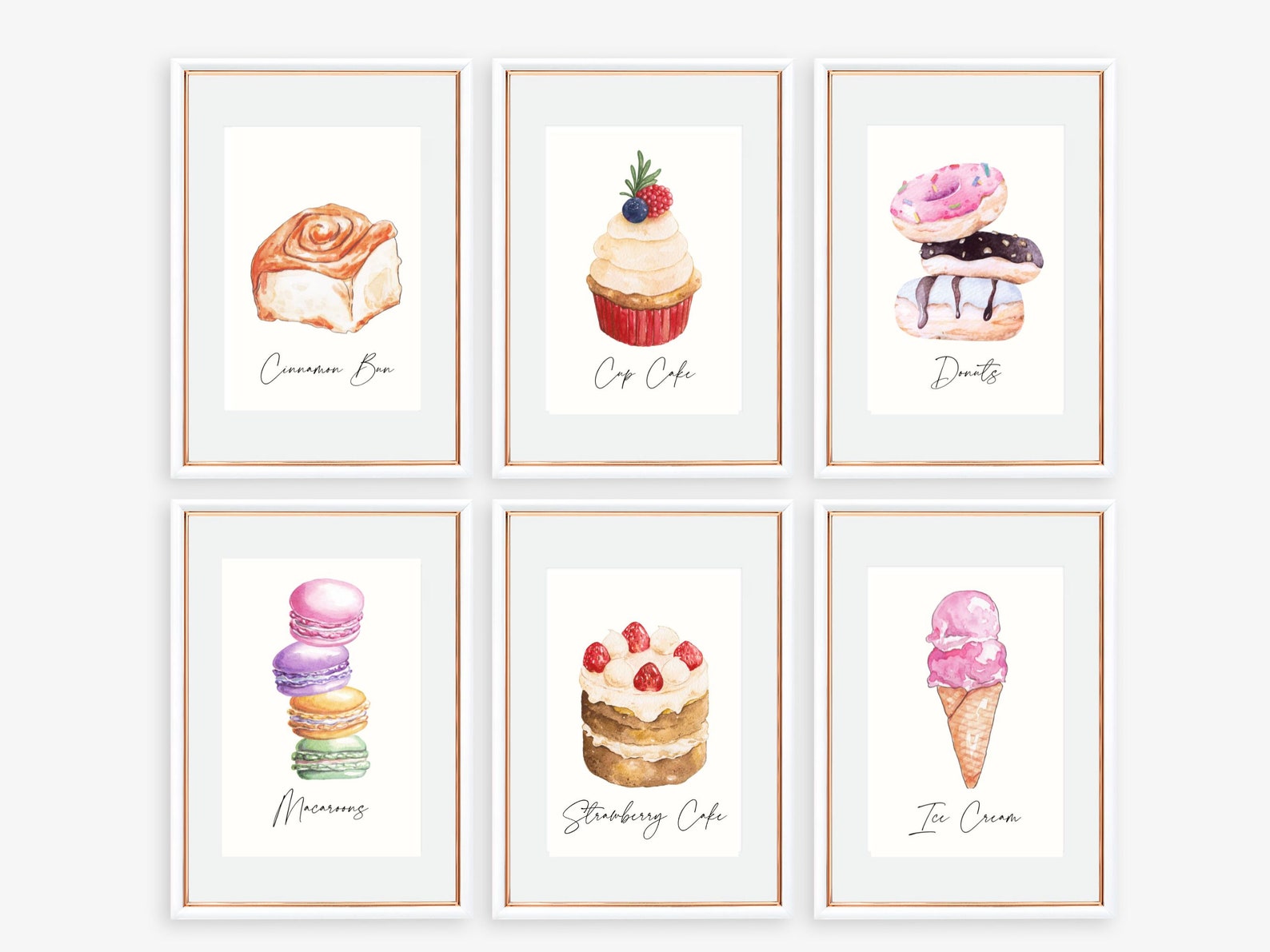 Watercolor Desserts Art Prints, Set of 6 Kitchen Gallery Wall Art ...