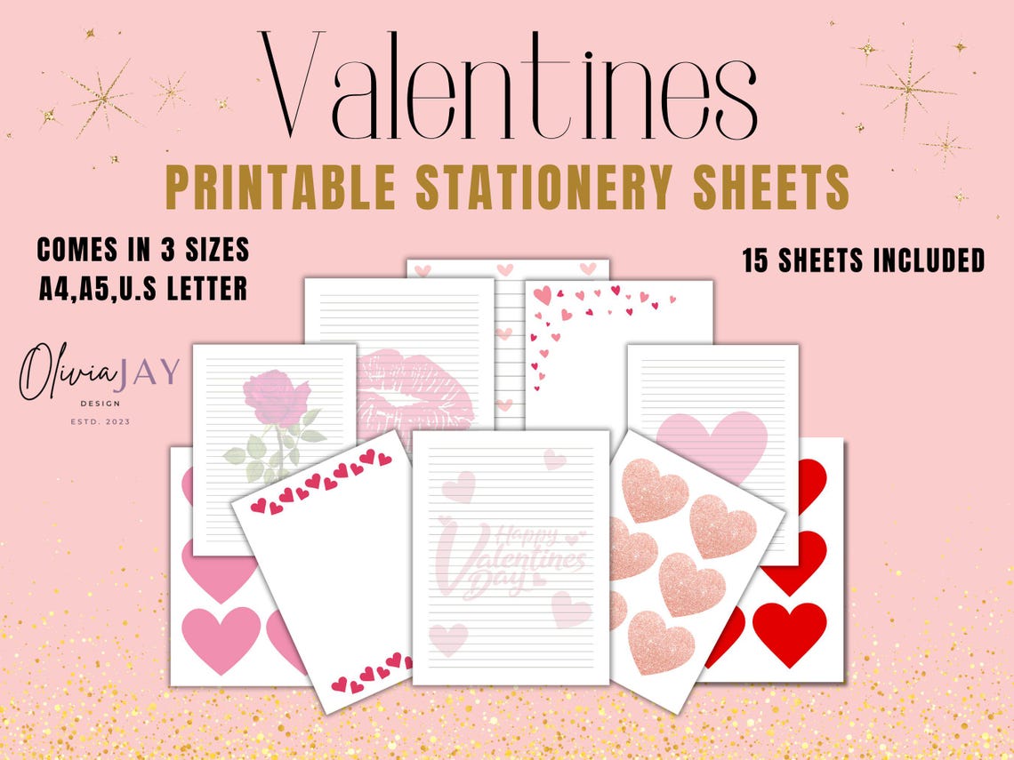 Valentines Printable Stationery Sheets, Valentine's Day Journal Paper ...
