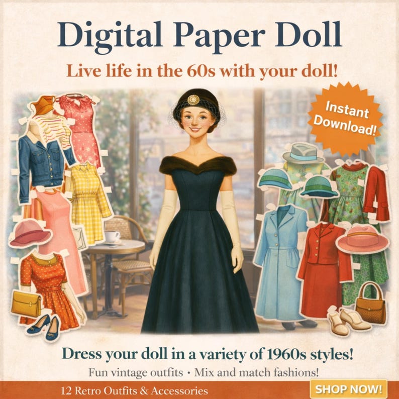 Printable 1960s Fashion Paper Doll, Retro Ephemera (digital Download ...