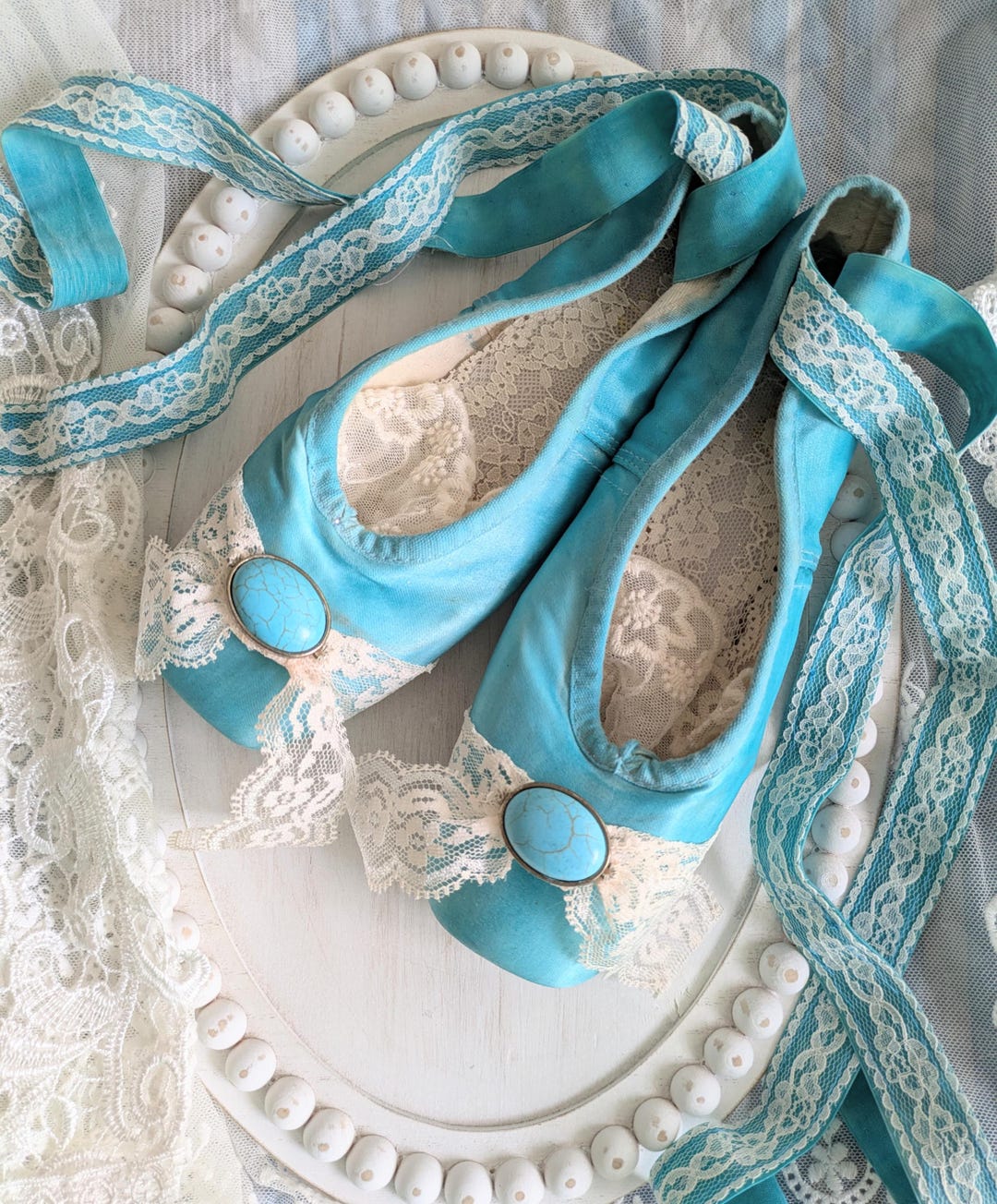 Worn Upcycled Hand-dyed Turquoise Ballet Pointe Shoes: Lace & Gemstone ...