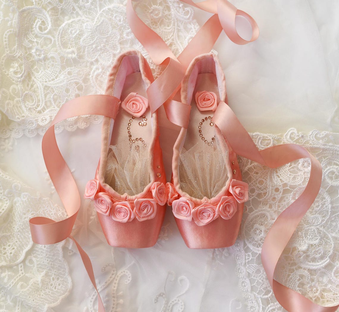 Warm Pink Pointe Shoes With Roses & Rhinestones – Romantic Ballet ...