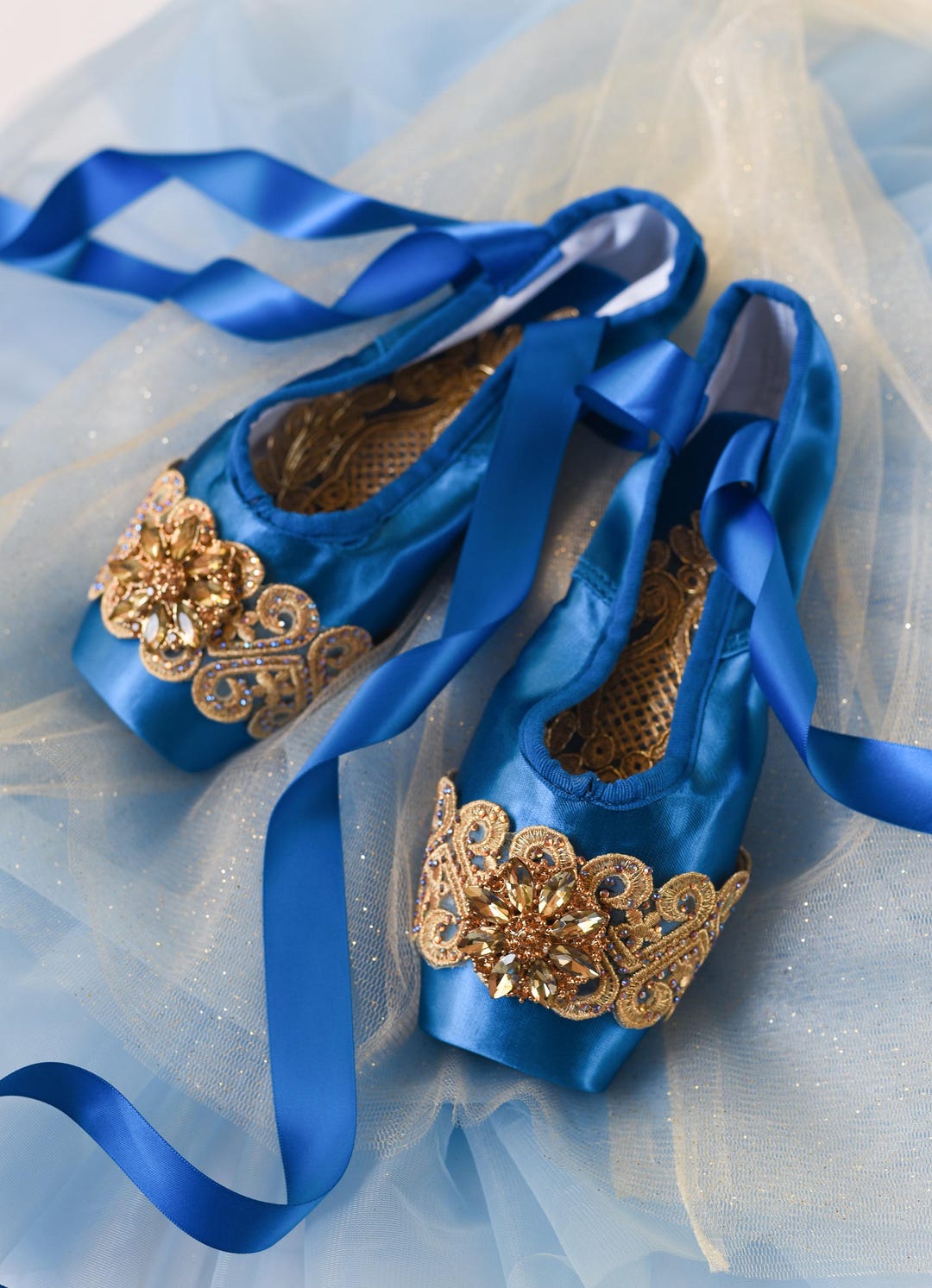 Royal Blue Satin Ballerina Pointe Shoes With Golden Embroidery ...