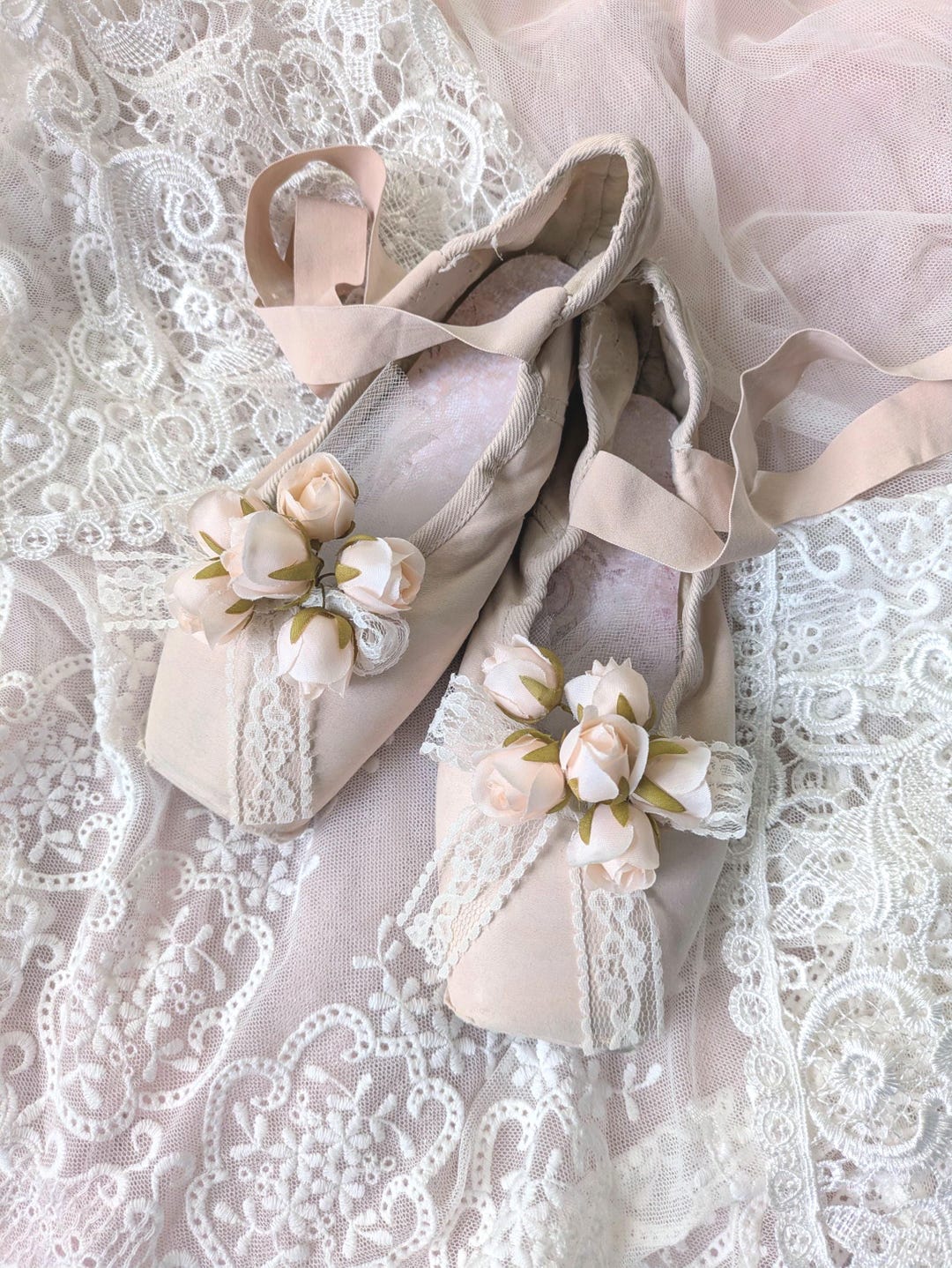 Shabby Chic Ballet Shoes With Rose Buds and Lace. Vintage Lover Gift ...