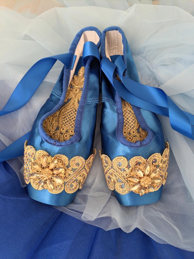 Royal Blue Satin Ballerina Pointe Shoes With Golden Embroidery ...