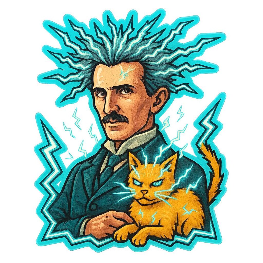 Nikola Tesla Sticker With Electric Cat and Lightning Hair. Comic ...