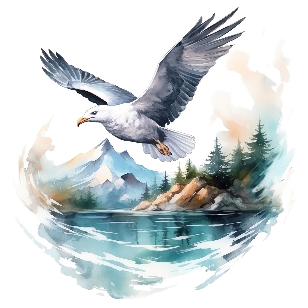 2X Seagull Sticker Watercolor Sticker With Mountain Lake and Nature ...